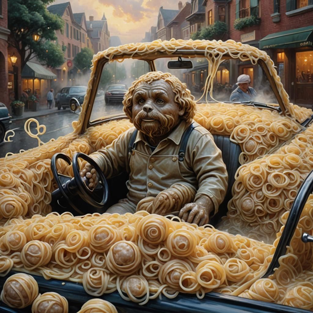 A meatball sitting in the driver's seat of a car built out of pasta ...