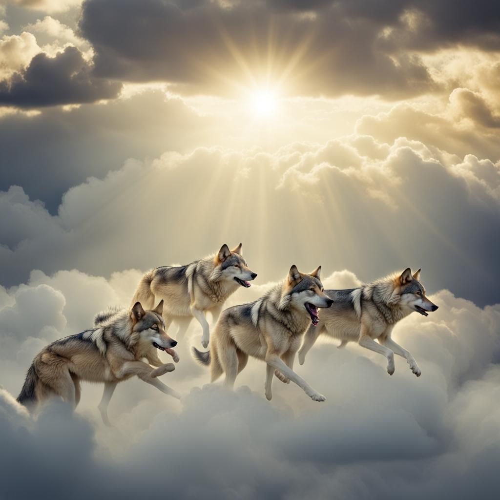 A pack of wolves running in the clouds - AI Generated Artwork ...