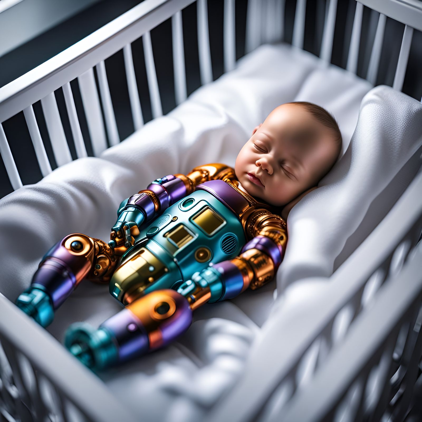 A cyborg baby sleeping peacefully inside a cot. - AI Generated Artwork ...