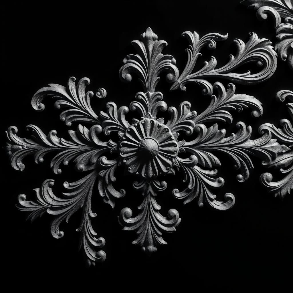 /imagine grayscale depth map of woodcarving Baroque-style ornament ...