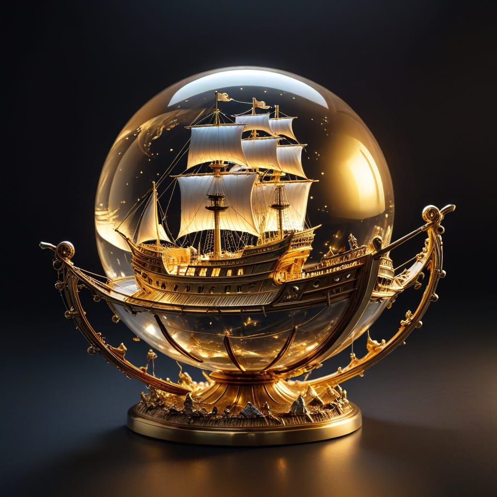 Golden Ship Encased in Glowing Orb - AI Art