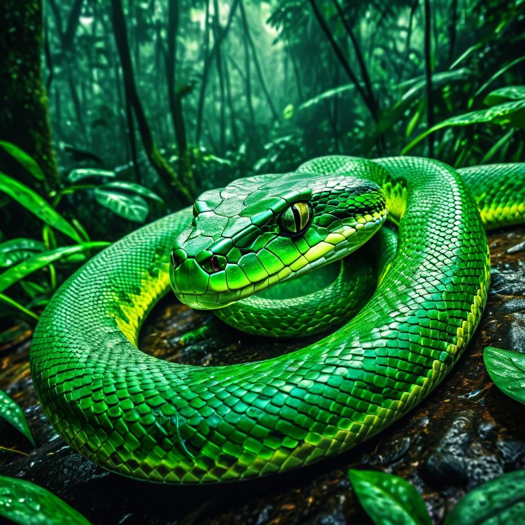 An extremely large green snake slithering through a rain forest ...