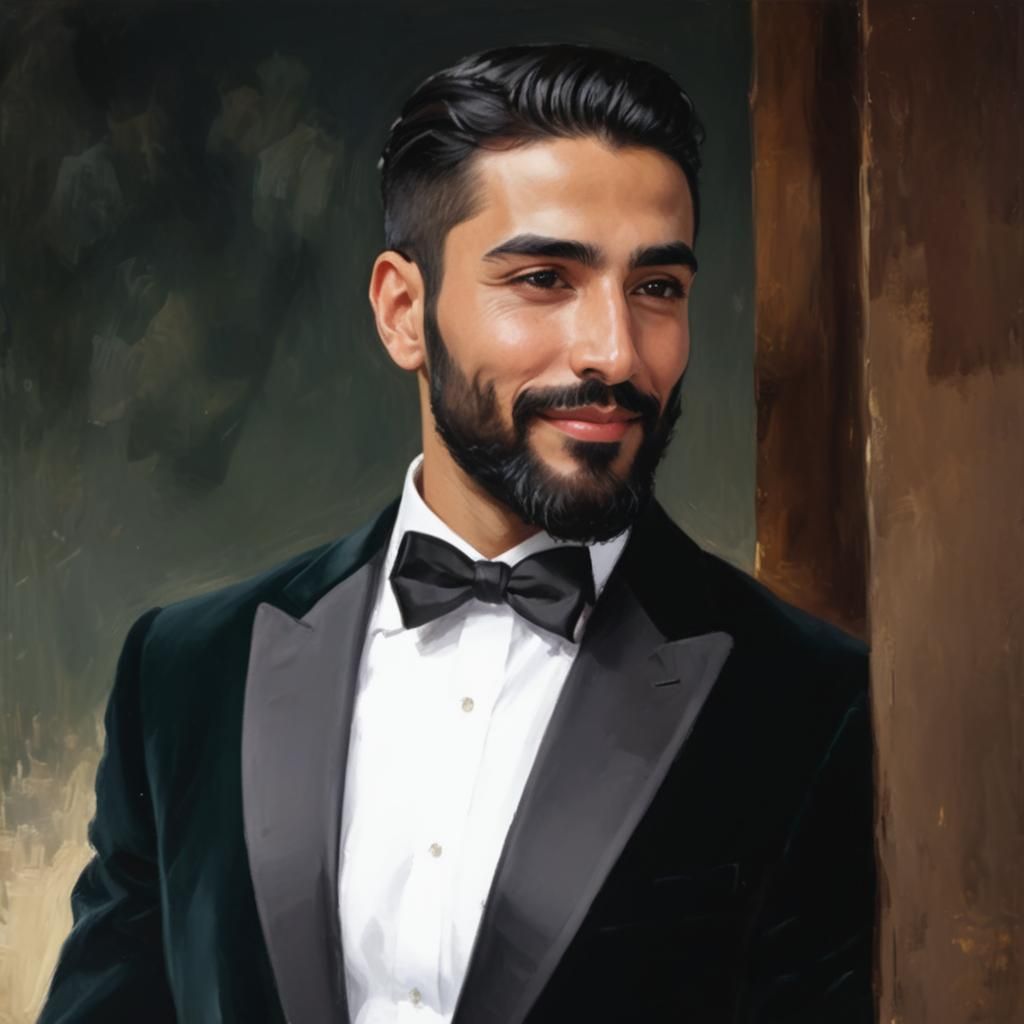 An elegant young Arab gentleman with black hair and beard, wearing a ...
