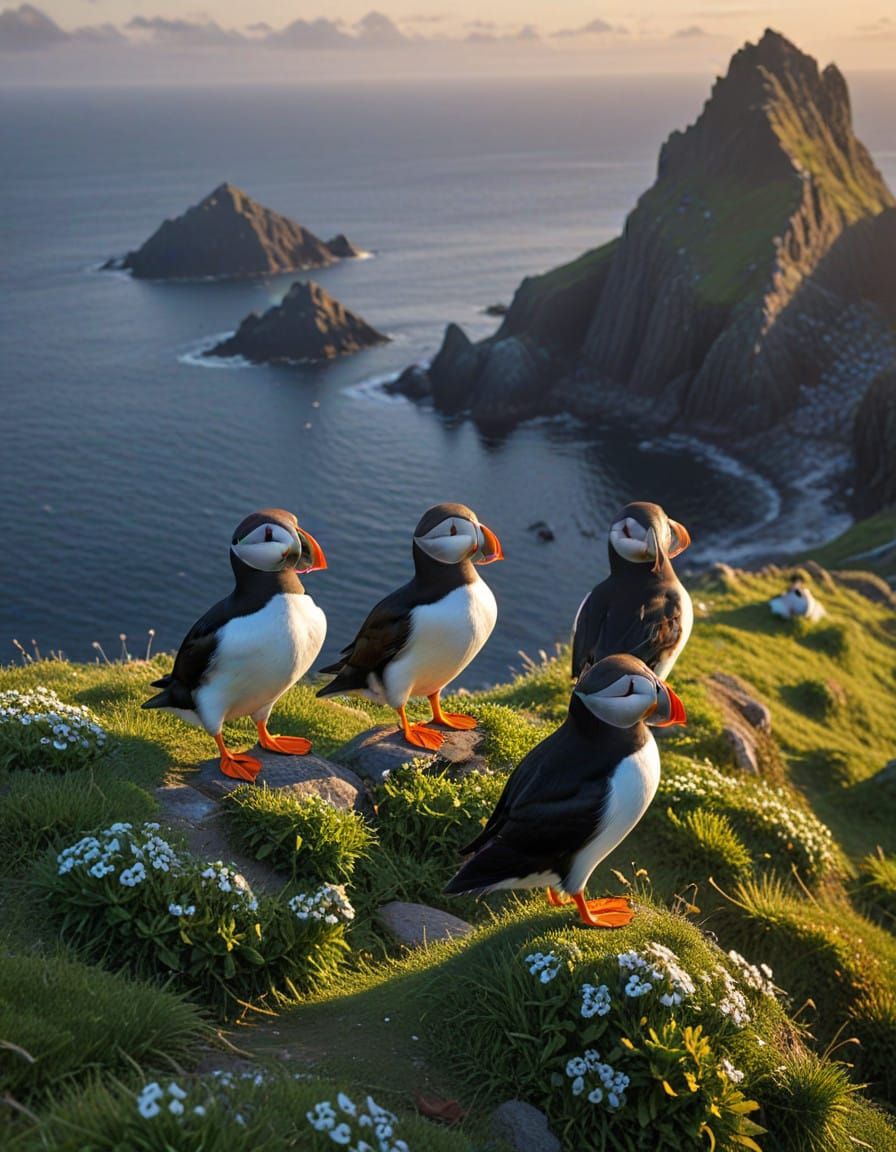 Puffins on Skellig Michael Island at dawn