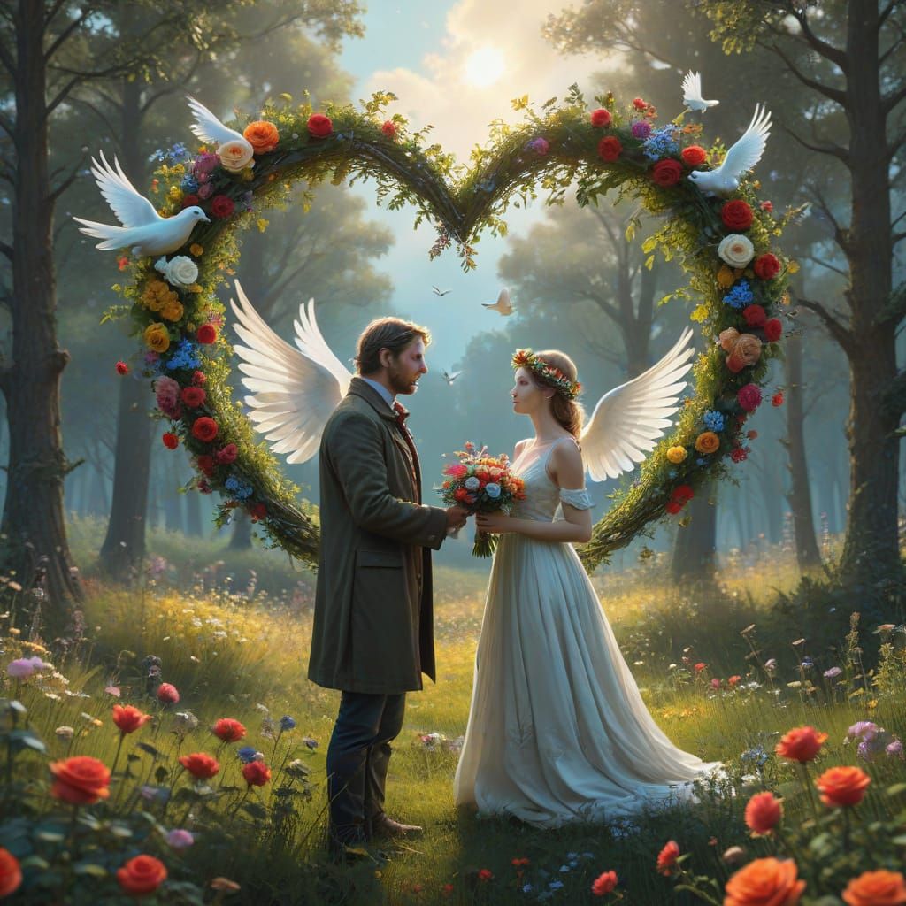 An artistic image depicting a pair of doves forming the shape of a ...