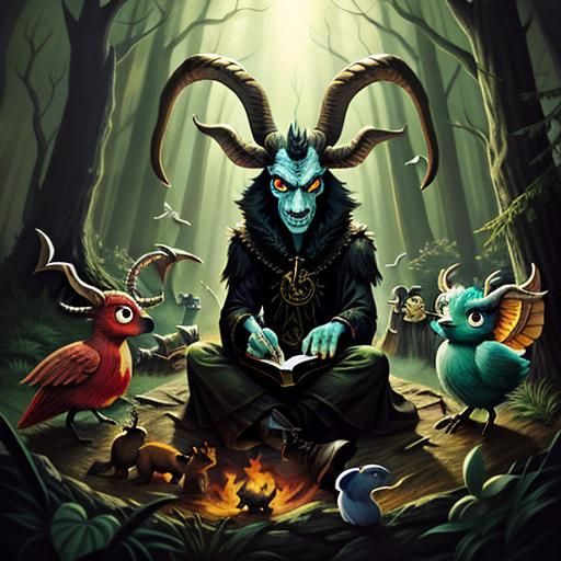 A young baphomet teaching the woodland creatures magic. - AI Generated ...