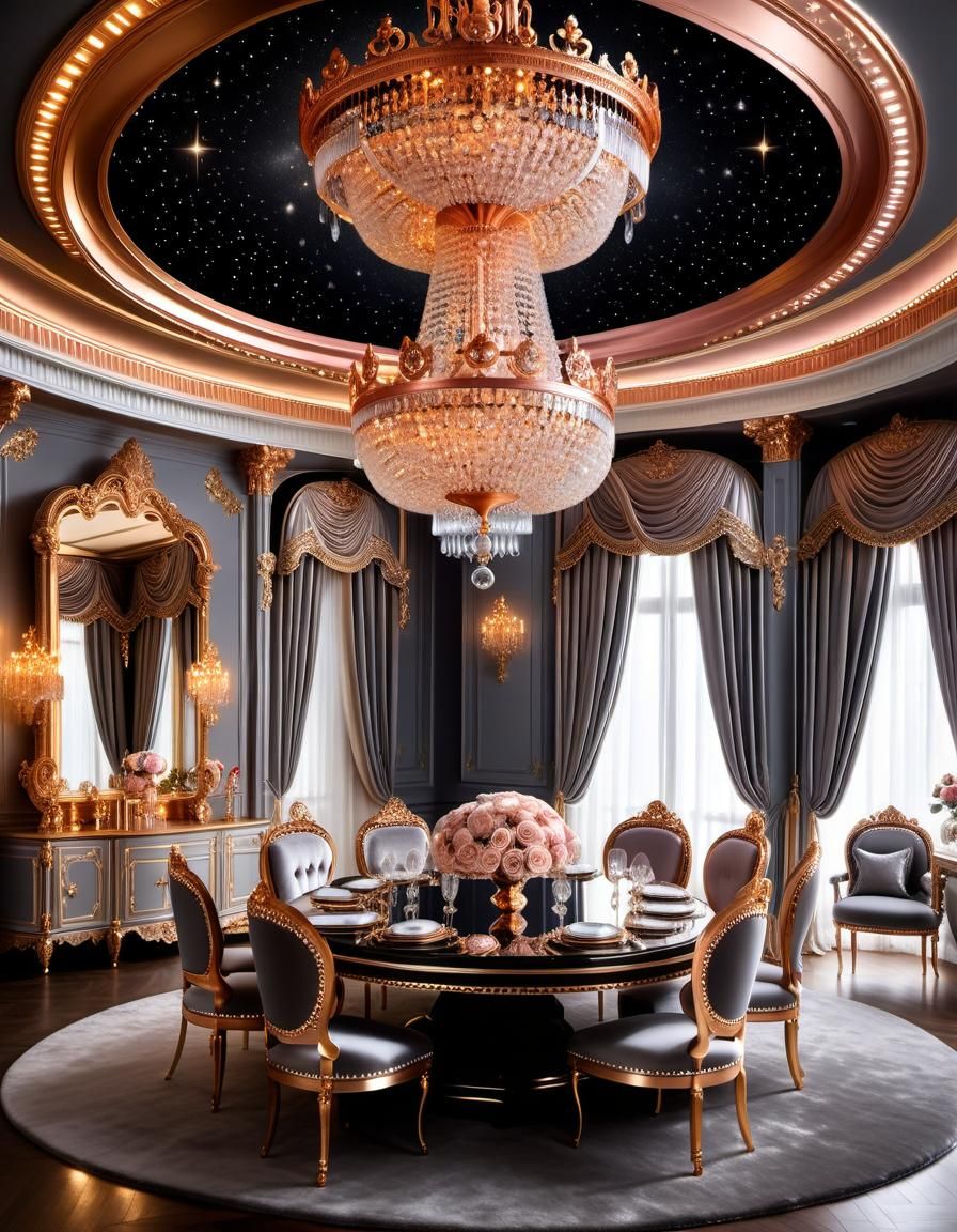 (Hyperdetailed luxury masterpiece:3.0), Vast & extravagant and Stately dining space at night ...