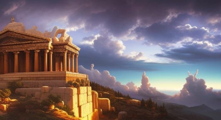 above the world, a mythic temple on Olympus where the gods observe ...