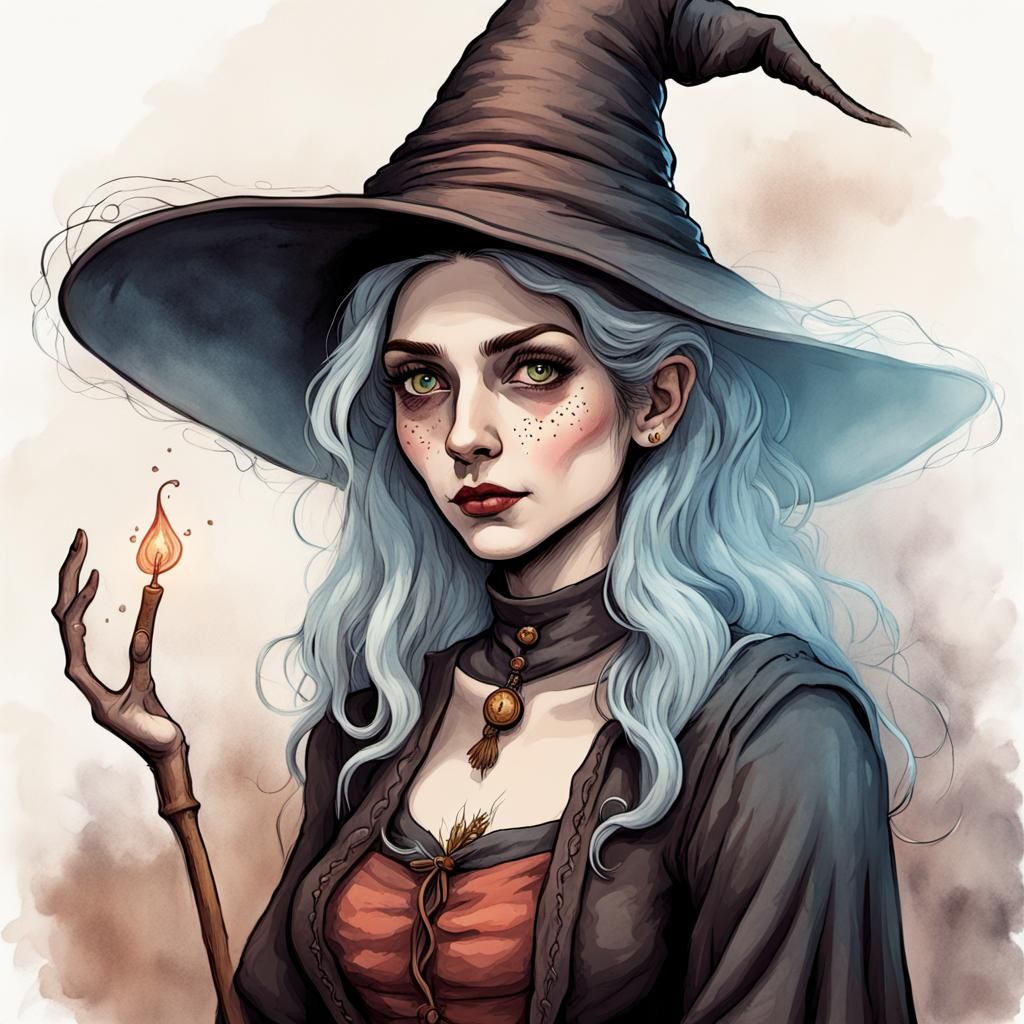 Drawing of a old fashioned female Germán style witch, hand drawn ...