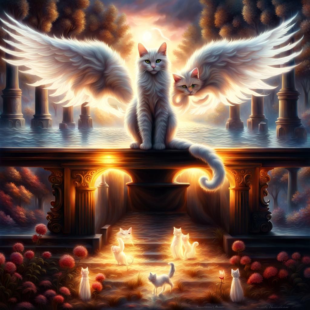 Imagine an an angelic cat and a hellish cat ethereal fantasy ...