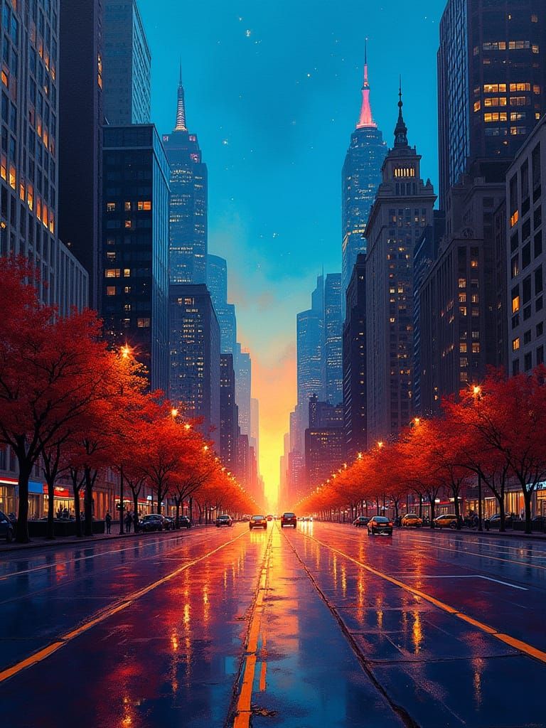 A vibrant night scene of a bustling urban cityscape, depicted in a ...