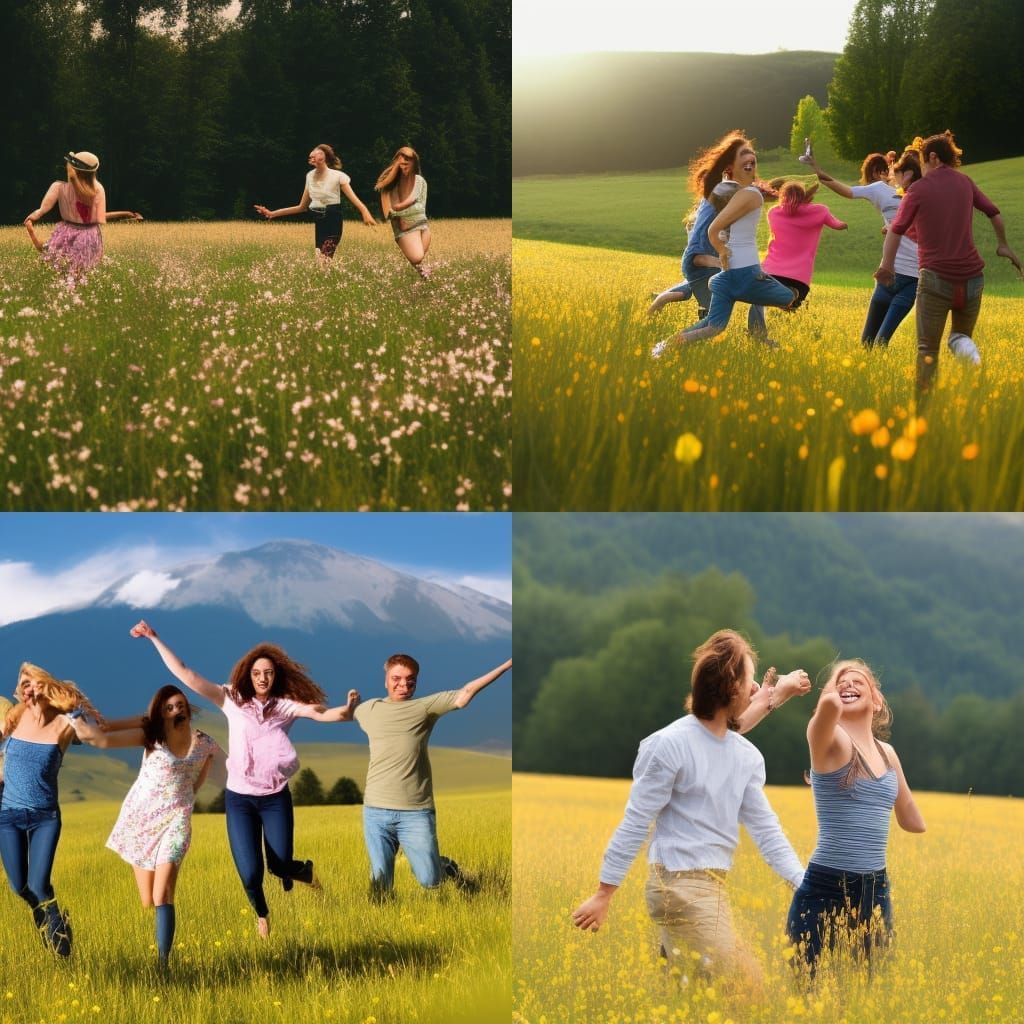 Happy shining people frolicking in a beautiful meadow - AI Generated ...