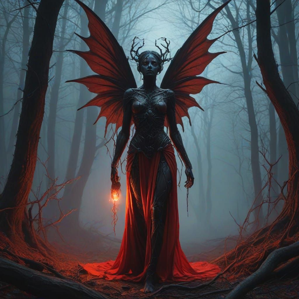 A twisted, iridescent fairy with chitinous skin and bulging, pulsing ...