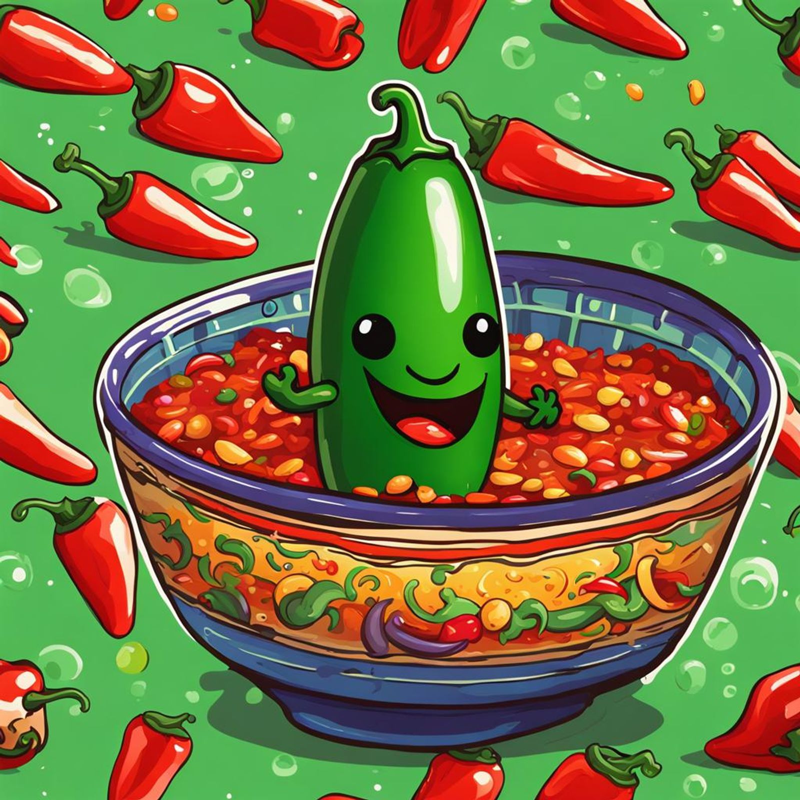 Chibi style animated jalapeno chile pepper in a brightly colored ...