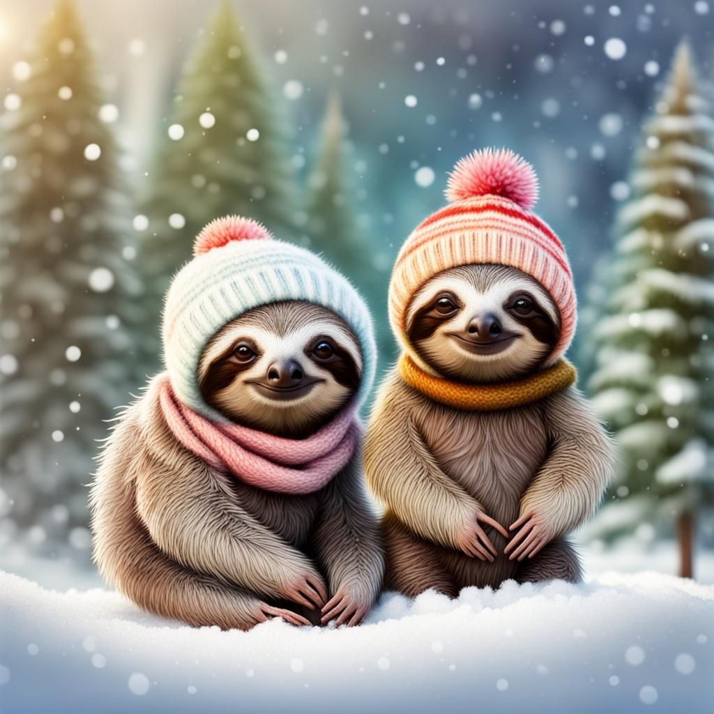 Two cute baby Sloths enjoying the snow - AI Generated Artwork ...