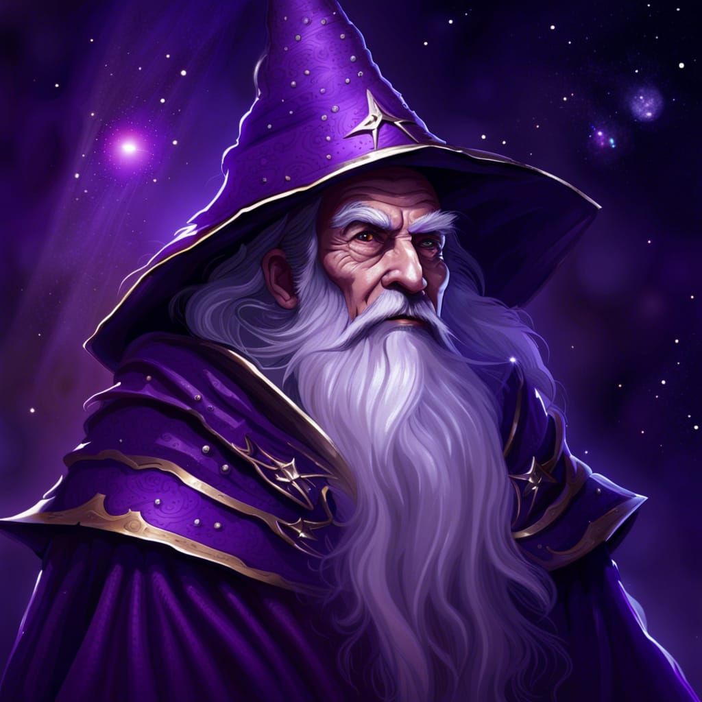 Powerful old wizard, pointy wizard hat, wearing purple robes with a ...