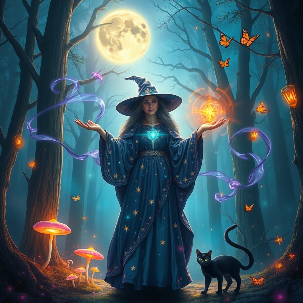 Mystical Witch Weaves Stardust Spell in Vibrant Fo... - AI Art