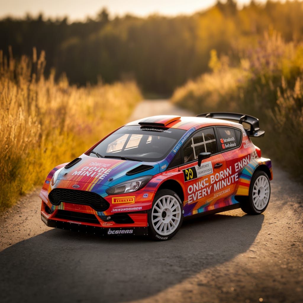 Mini rally car wrapped in "one born every minute" artwork