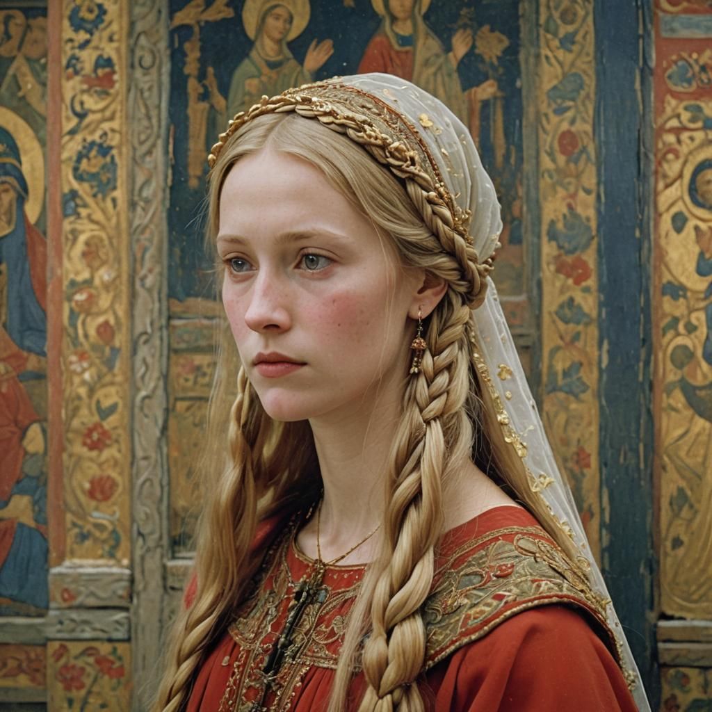 Beautiful tsarina of pre-petrine era, with long blonde braids, veil and ...