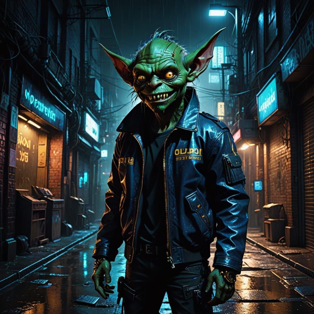 Cyberpunk Goblin with Gold Teeth in Gritty Alleywa... - AI Art