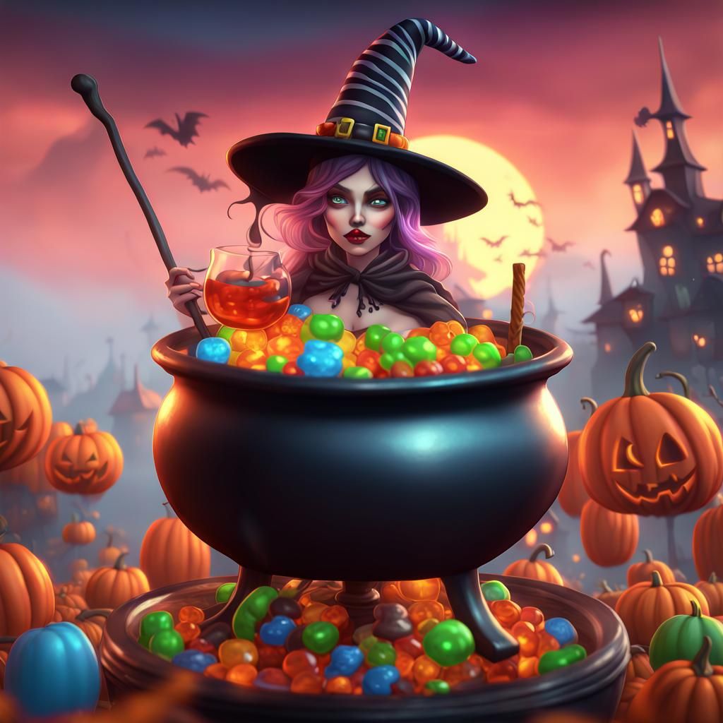 "In a colorful, candy-filled cauldron, a whimsical witch brews a potion ...