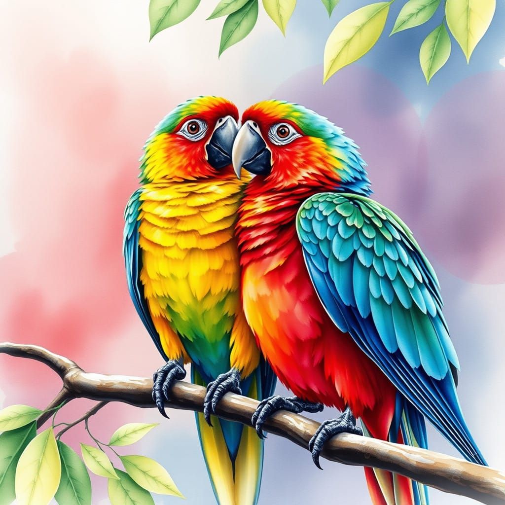 Vibrant Watercolor Painting of Two Love Parrots on... - AI Art