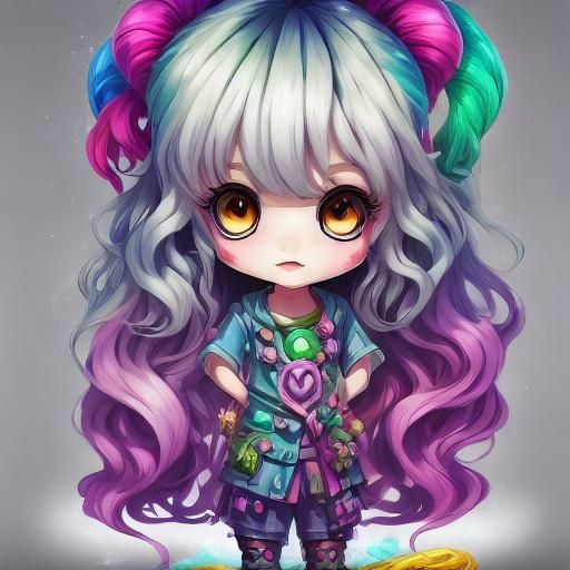 character concept, female anti hero , long indigo hair, light purple outfit, light purple eyes ...