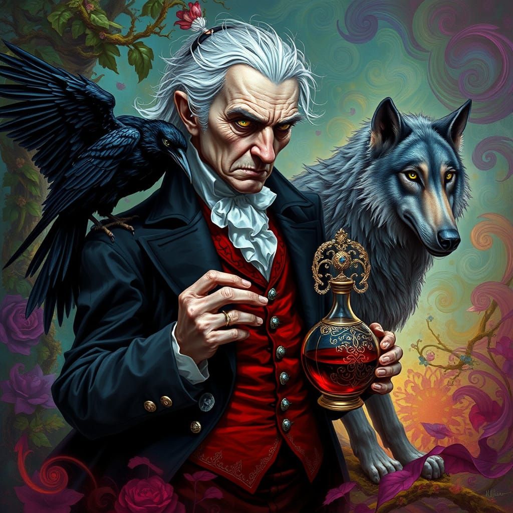 Eccentric Vampire Sips Blood Wine in Baroque Garde... - AI Art