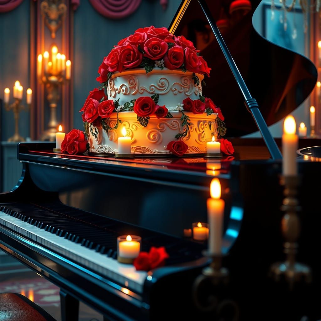 Luxurious Birthday Cake Scene with Red Roses on Eb... - AI Art