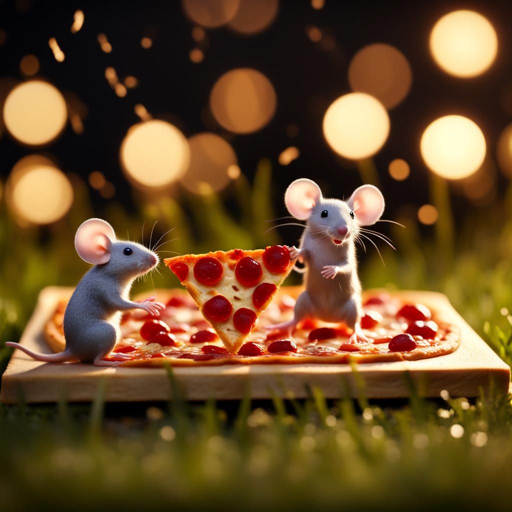 Photograph, Macro, mice love to eat square pizza on the meadow, depth ...