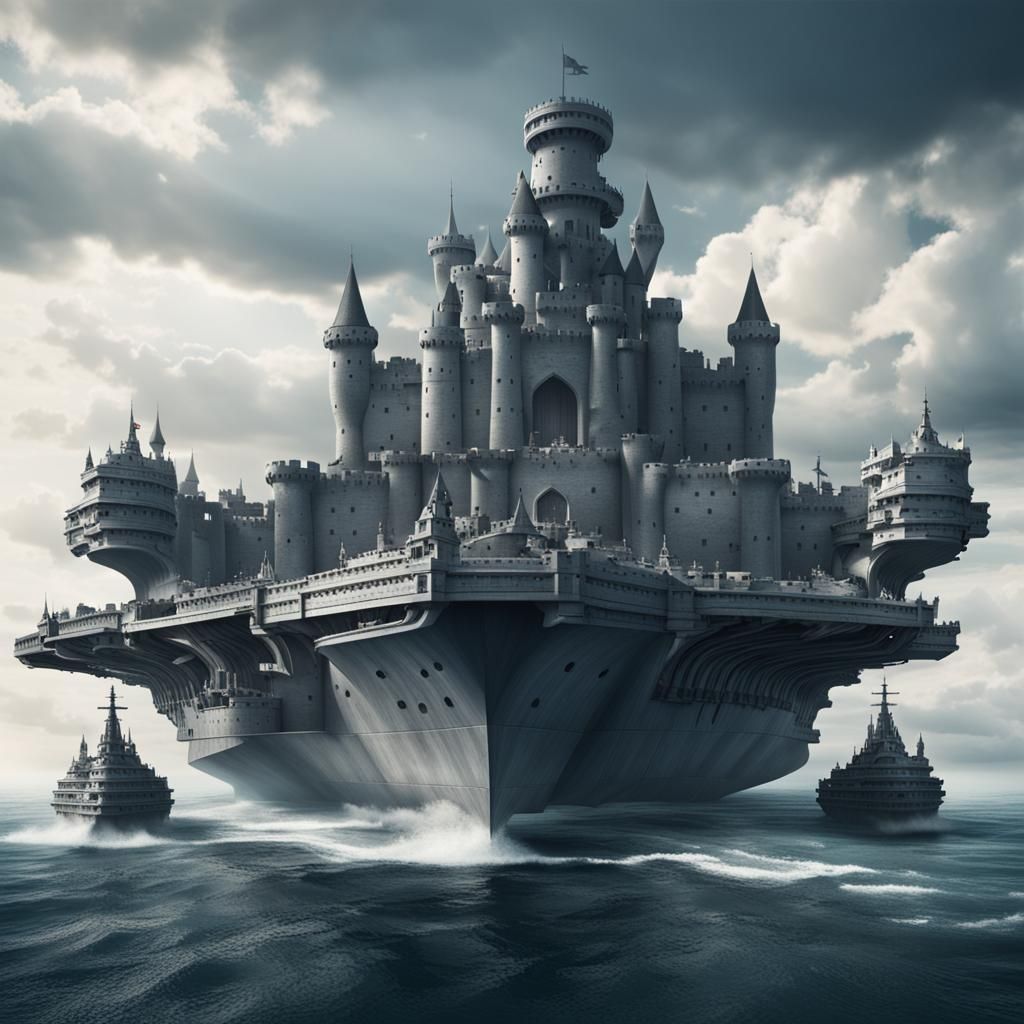 Medieval castle, with knights and horses, made into a futuristic large ...