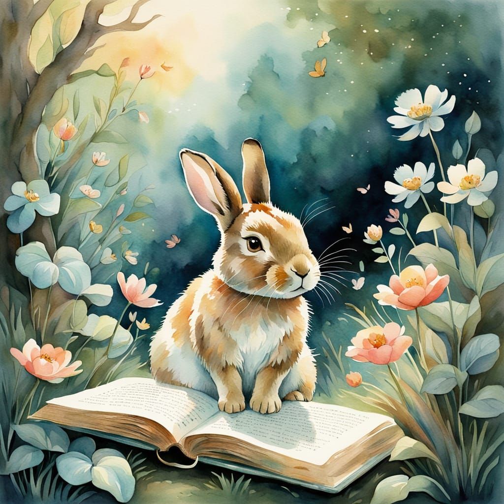 Gentle Rabbit in a Lush Garden, Whispers of Turquo... - AI Art
