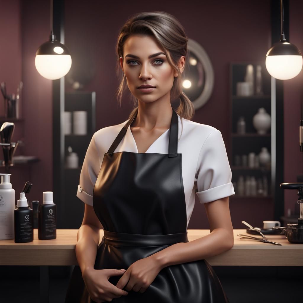 female young hairdresser with black apron in her modern salon - AI ...