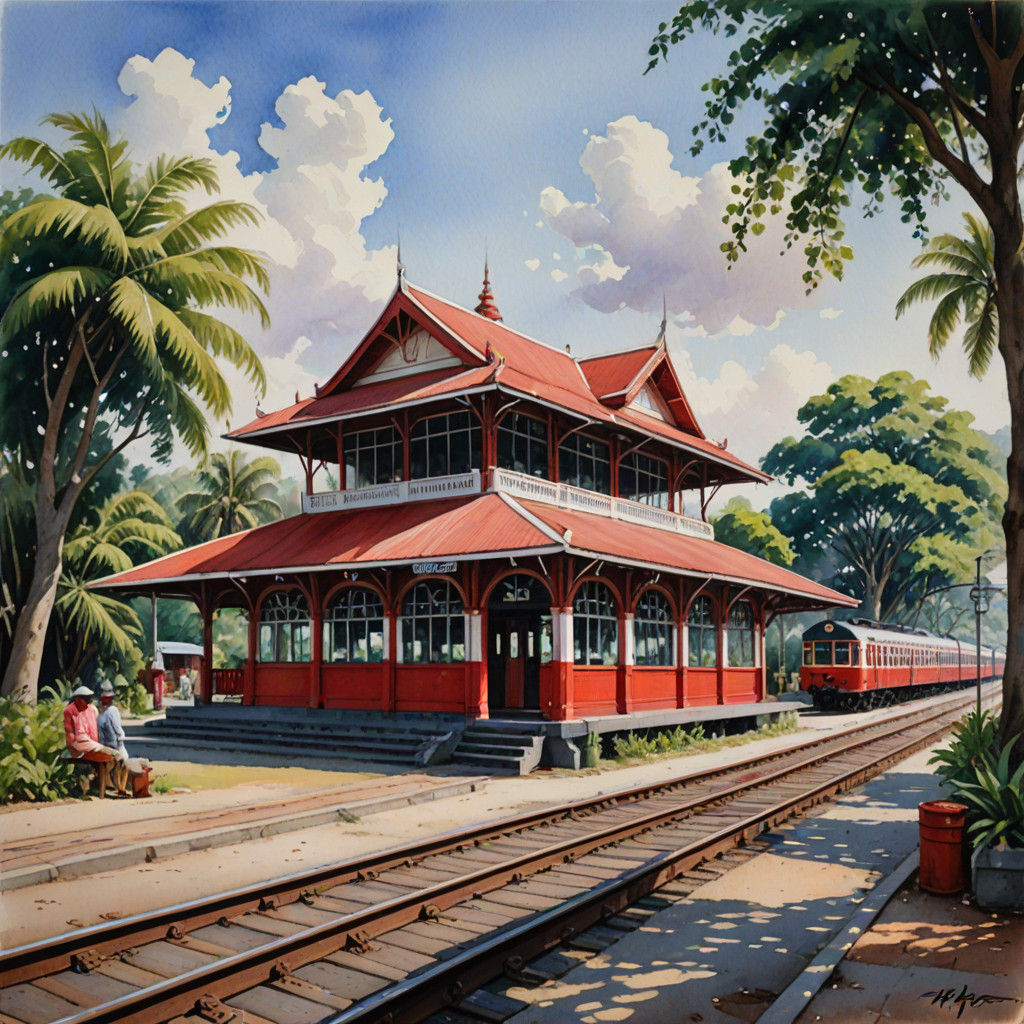 A charming watercolor painting of Hua Hin Railway Station in Thailand ...