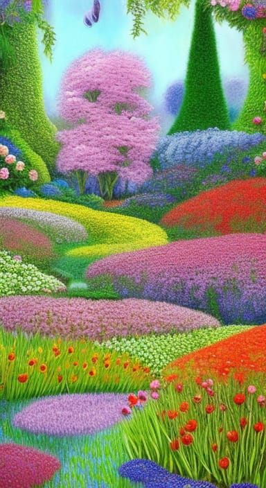 Spring garden in full bloom in stargazing platform in flowers mycelium ...