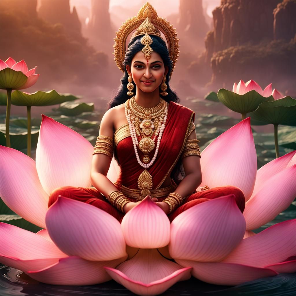 Gayatri Mata Indian godess sitting on lotus flower, smiling - AI Generated Artwork - NightCafe ...