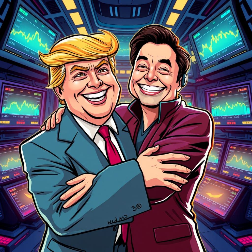 donald trump and elon musk hugging each other, looking at the camera ...