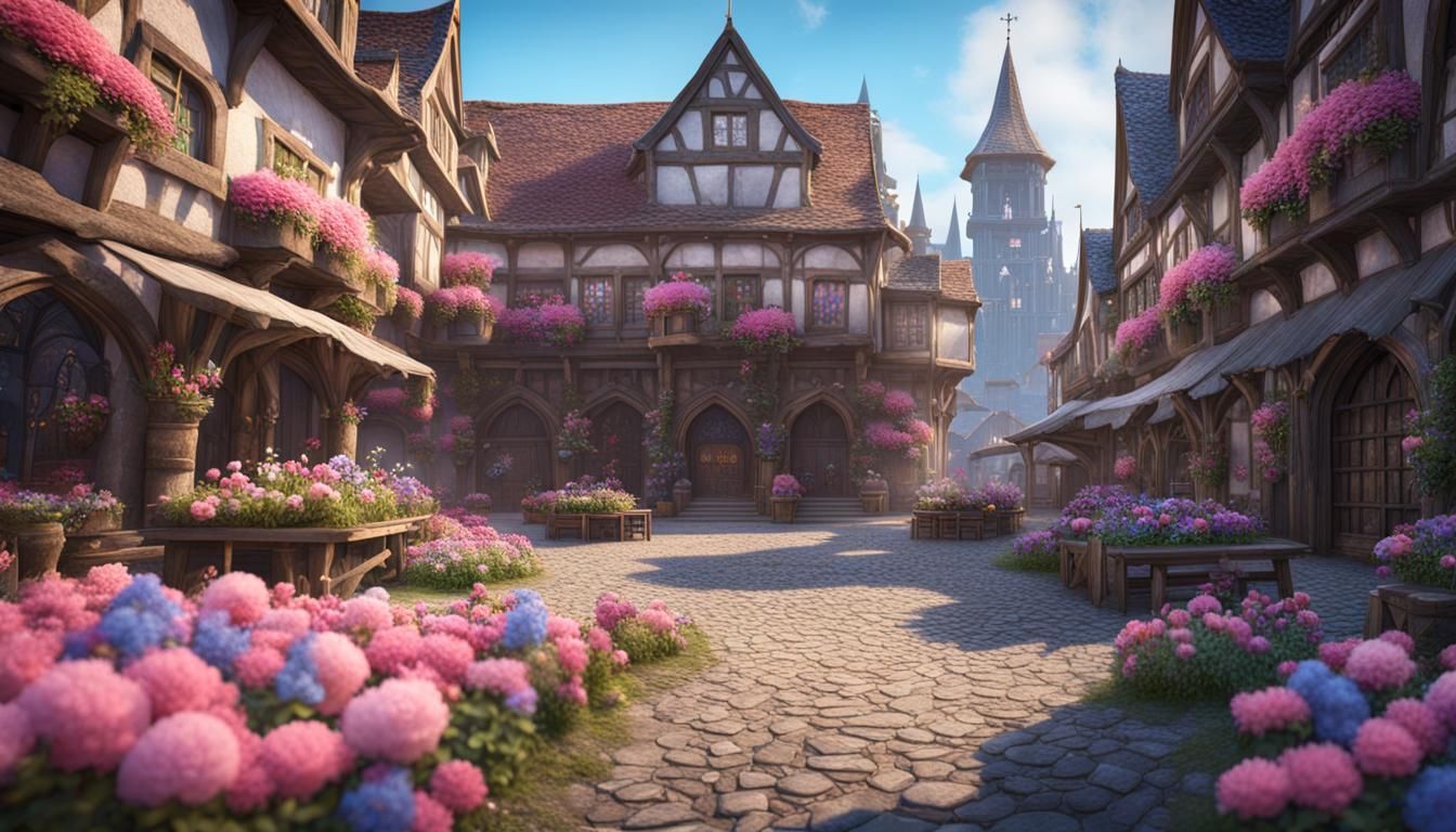 medieval town square decorated with pink and blue flowers - AI ...