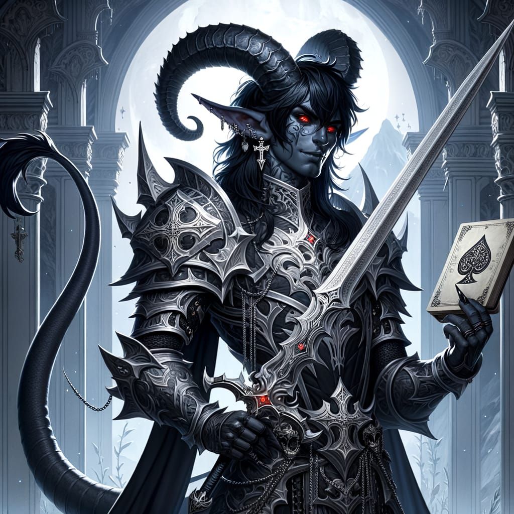 Tiefling paladin - Gothic Tiefling Paladin in Moonlit Templ...