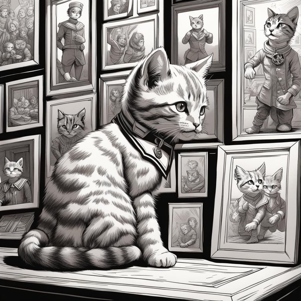 Style of Tenniel, black and white drawing of a tabby kitten in a sailor ...