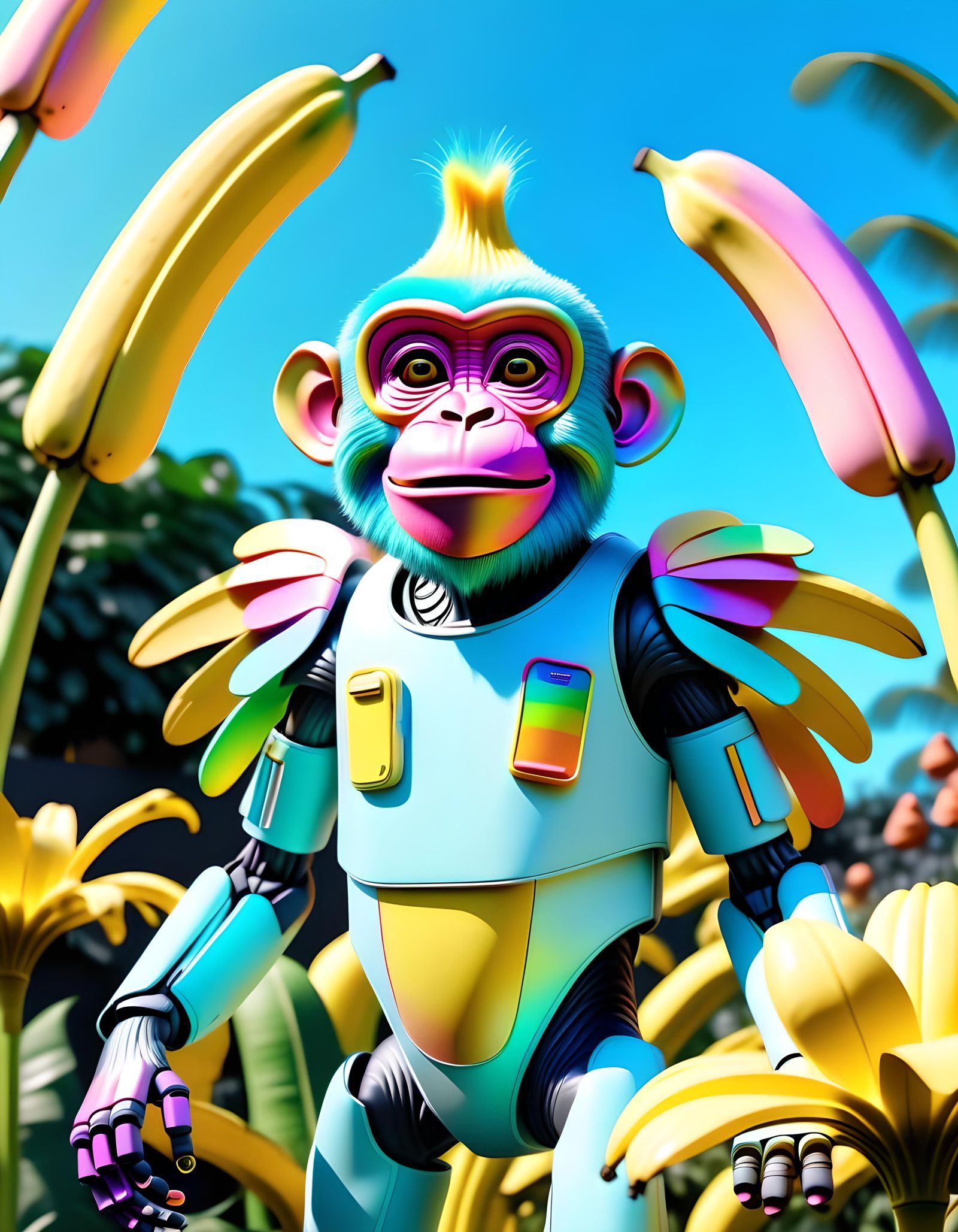 fluffy pastel rainbow colored evil grinning monkey robots with rainbow ...