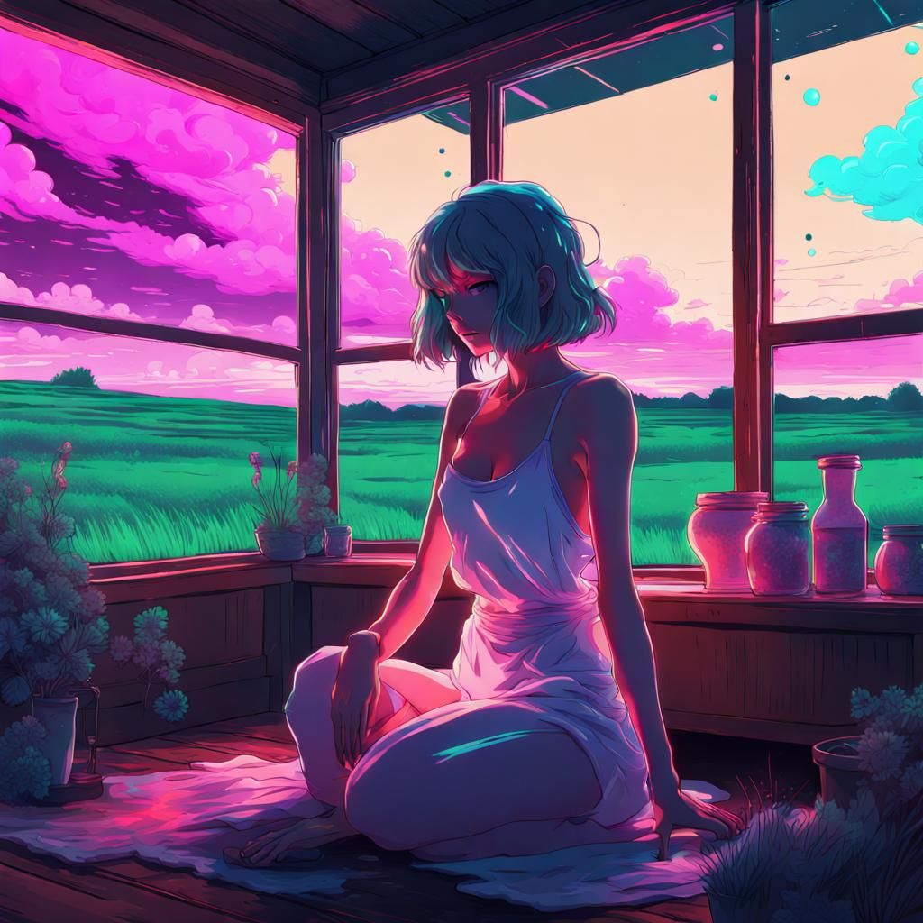 Vaporave aestetique anime female in a vaporeve house in a field 8k ...