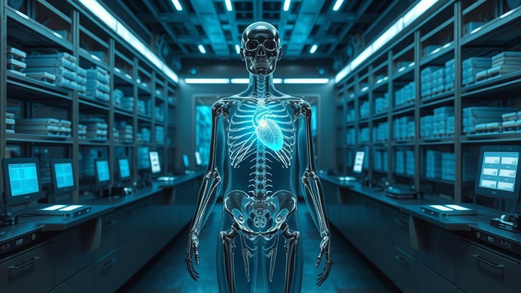 Cinematic shot: Humanoid figure made of clear glass, internal structure ...