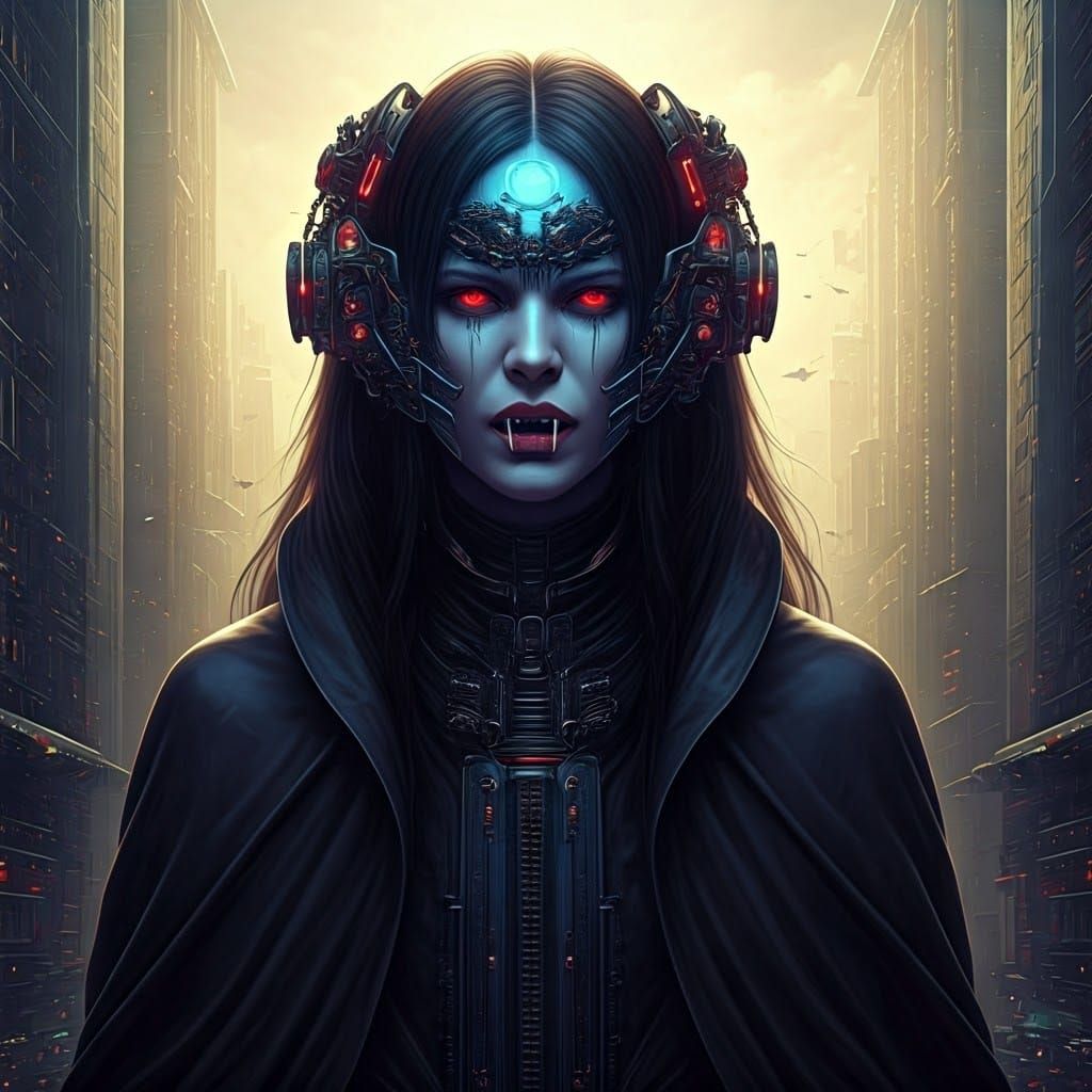 A sleek, futuristic high-tech vampire using wildly oscillating science ...