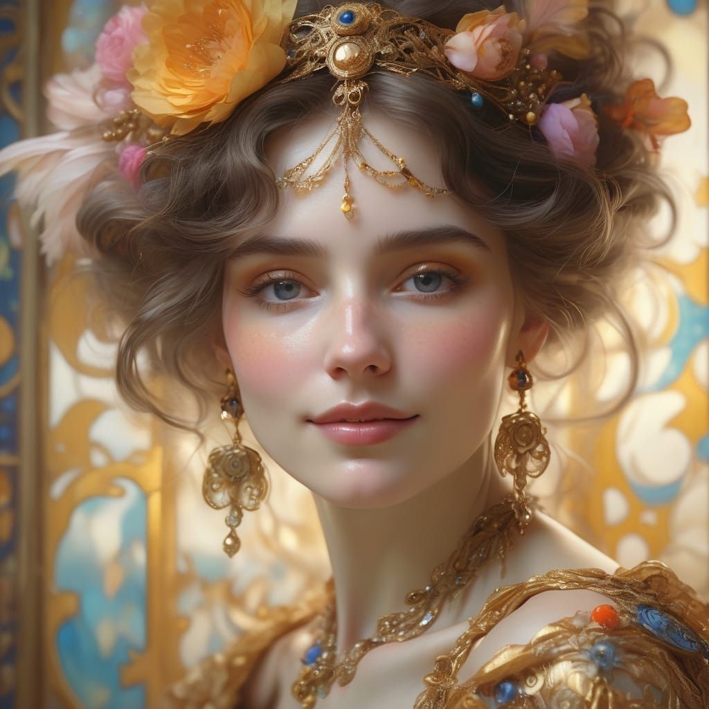 Ethereal Lady in Whimsical Gilded Splendor - AI Art
