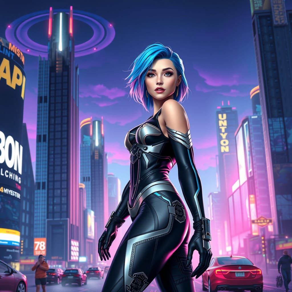 pin up 2025 - Cyberpunk Pin-Up Girl in Futuristic Cityscape