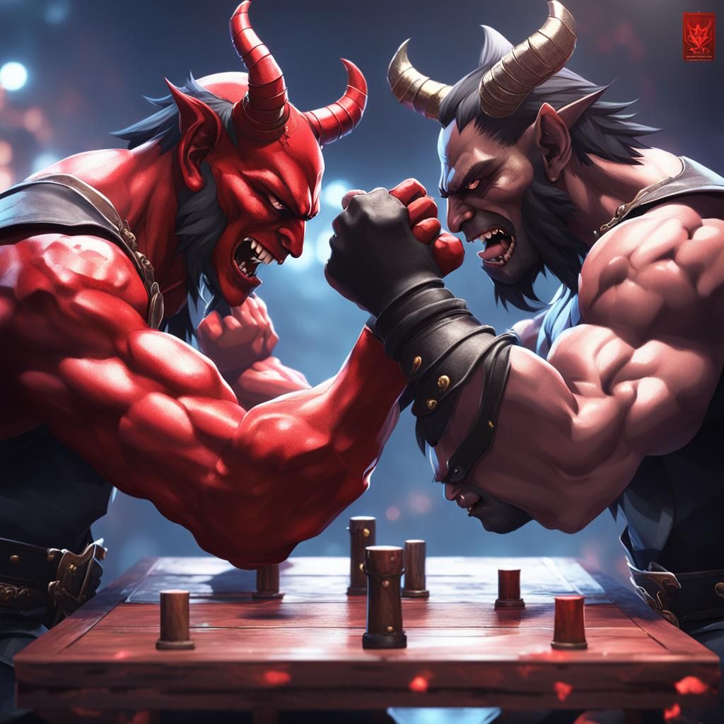 two devils playing arm wrestling - AI Generated Artwork - NightCafe Creator