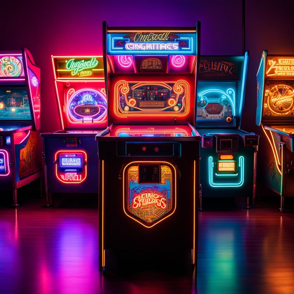 a mysterious, colorful, lone vintage pinball machine with neon and ...