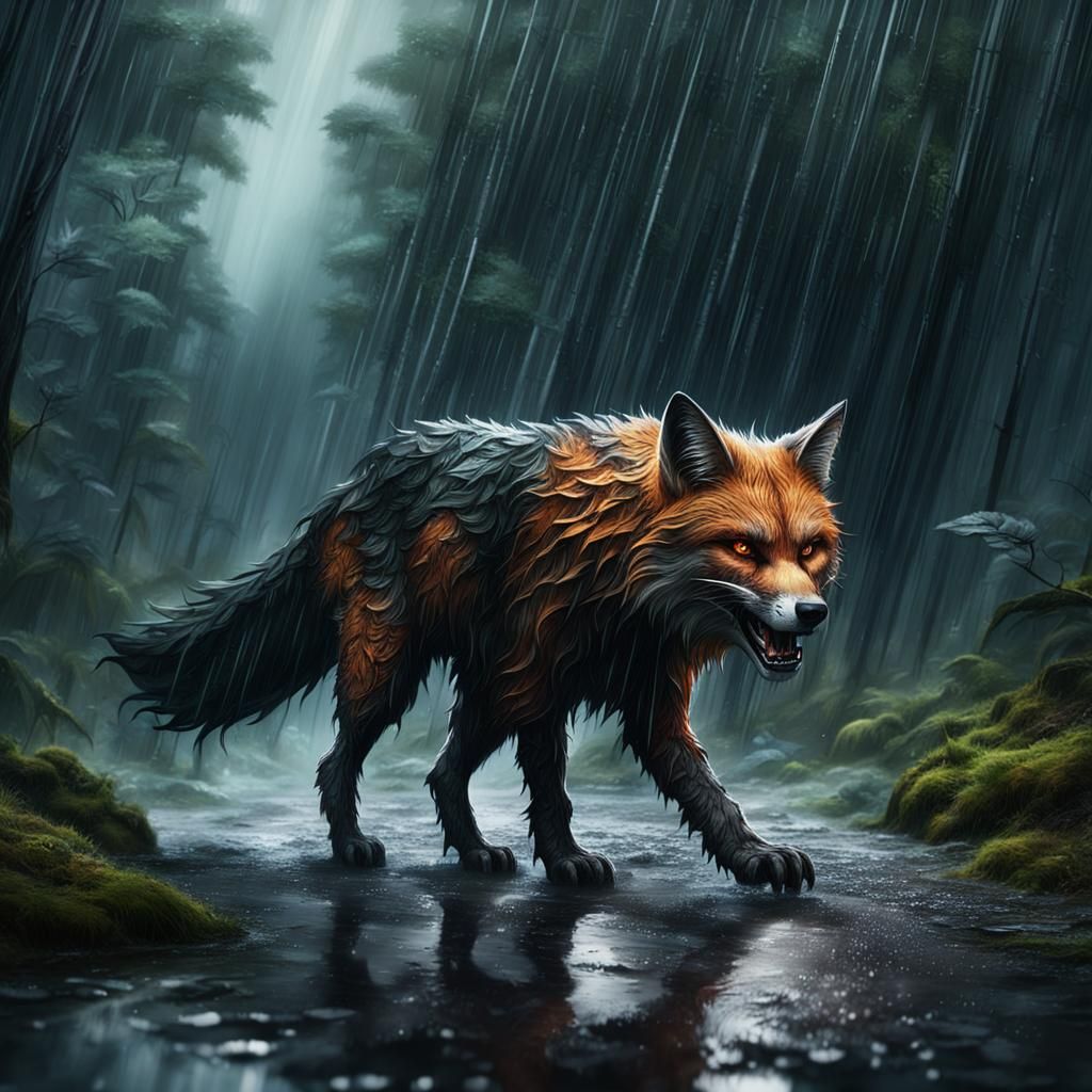A wet Werefox in the down pouring Rain, Forest - AI Generated Artwork ...