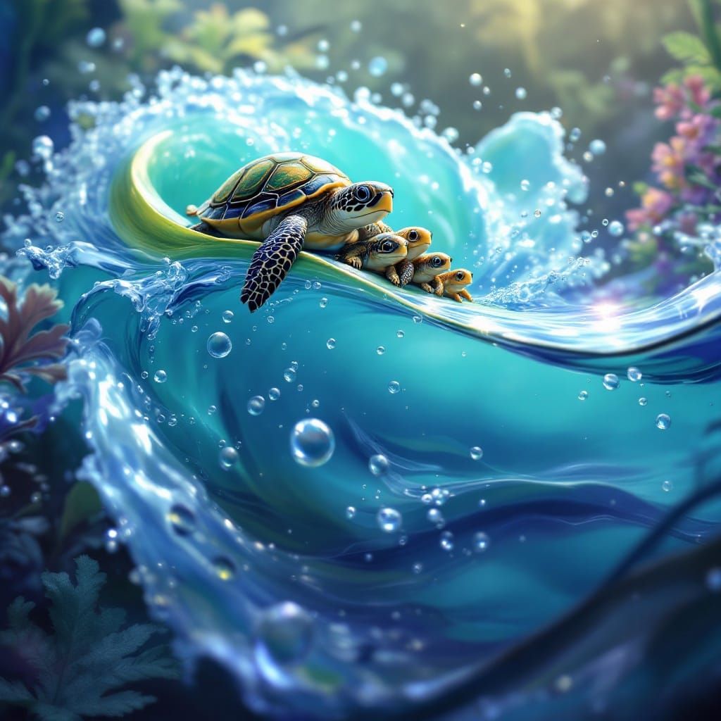 Turtles Ride Majestic Wave on Crystal-Clear Water ... - AI Art
